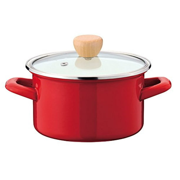 Enamel two-handed pot 15cm glass pot with lid Red IH compatible cook ...