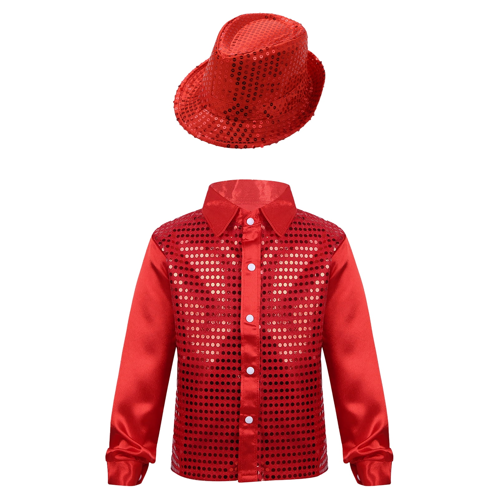 MSemis Kids Boys Shiny Sequin Hip-Hop Jazz Choir Shirt and Hat Dance ...