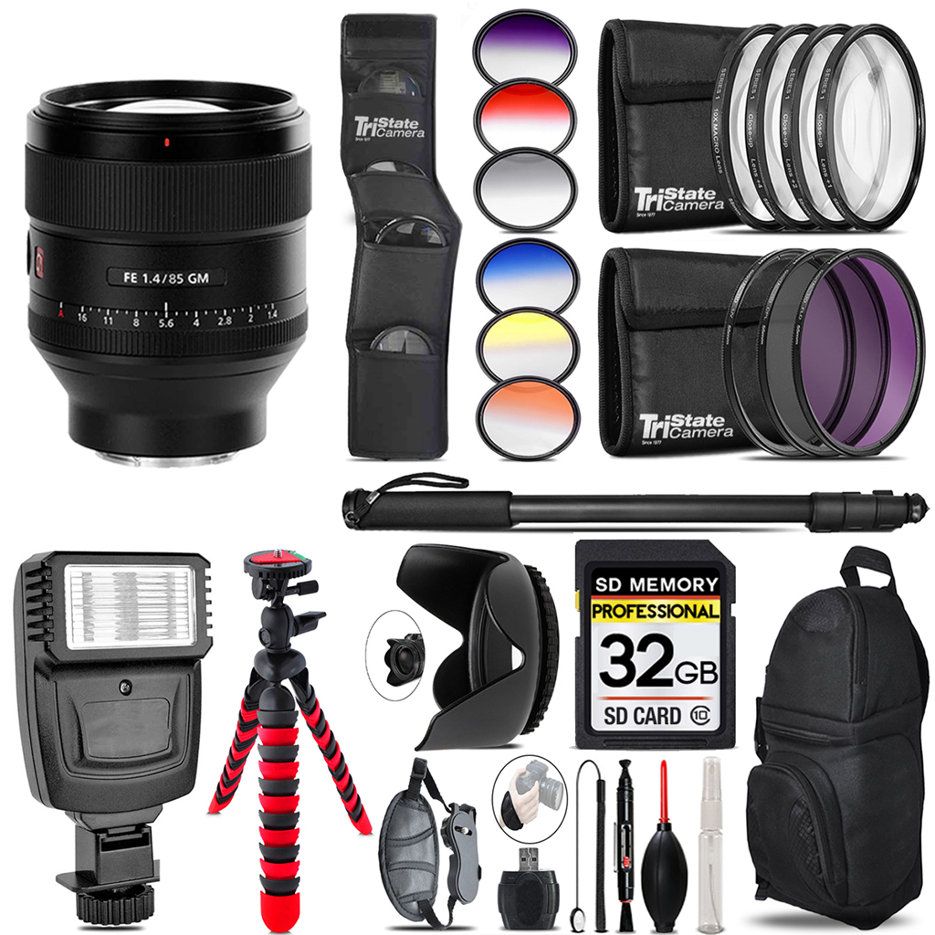 Sony FE 85mm f/1.4 GM Lens + Flash + Color Filter Set - 32GB Accessory ...