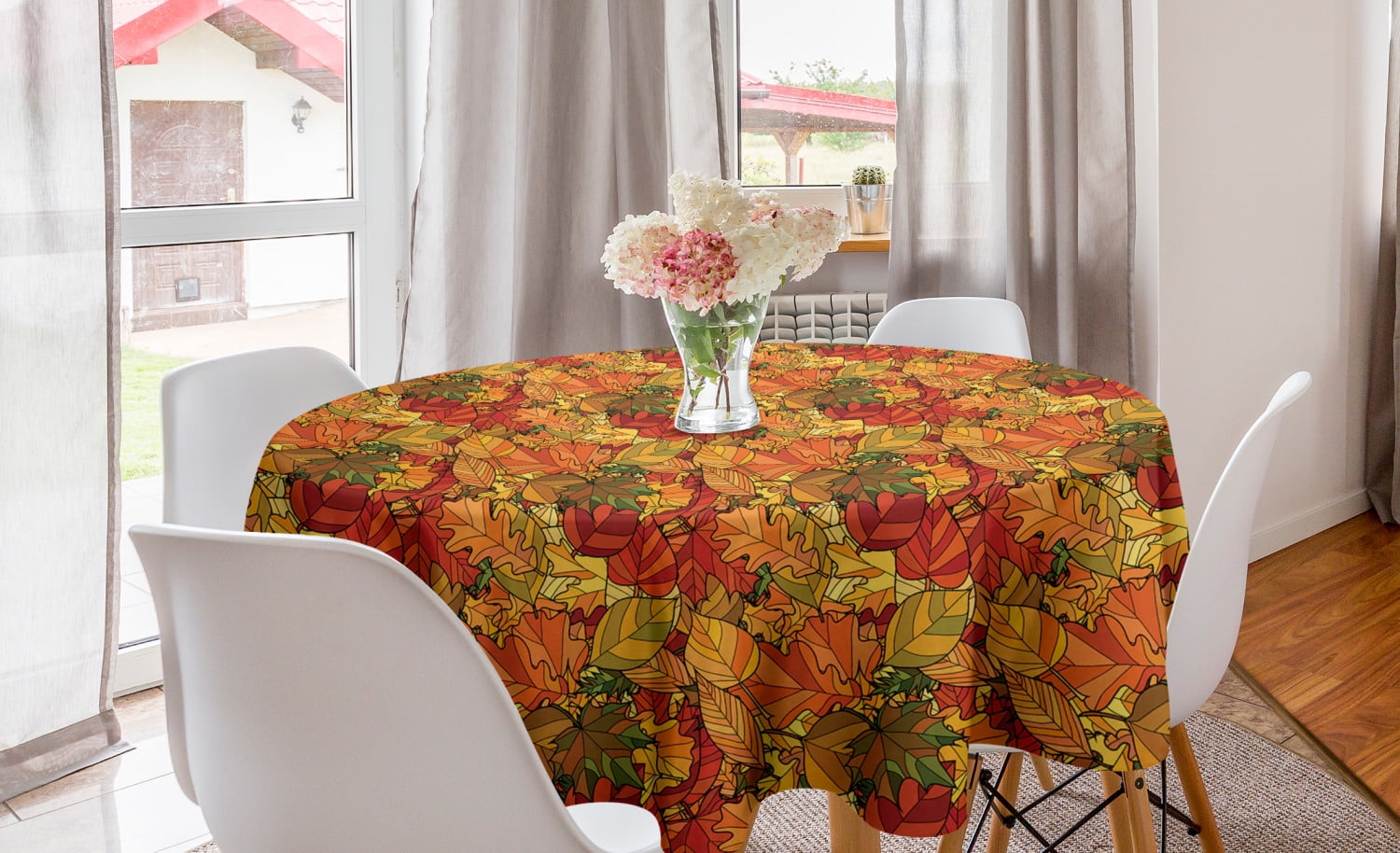 Autumn Round Tablecloth, Abstract Doodle of Fallen Leaves Earthy Warm ...
