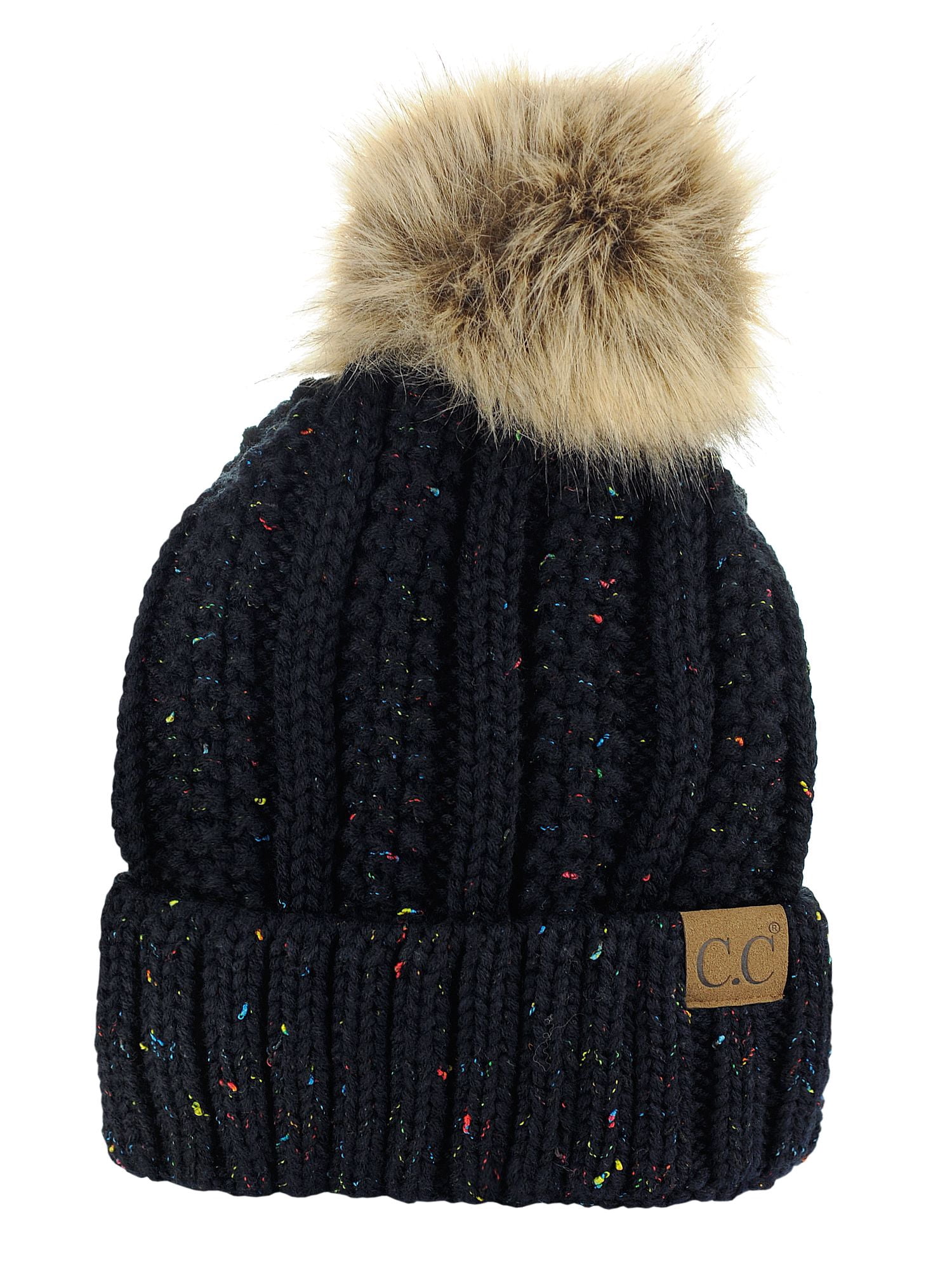 C.C Thick Cable Knit Faux Fuzzy Fur Pom Fleece Lined Skull Cap Cuff ...