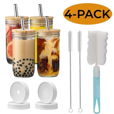 Glass Cups with Lids and Straws, 4 Pack 17 OZ Iced Coffee Cups with ...