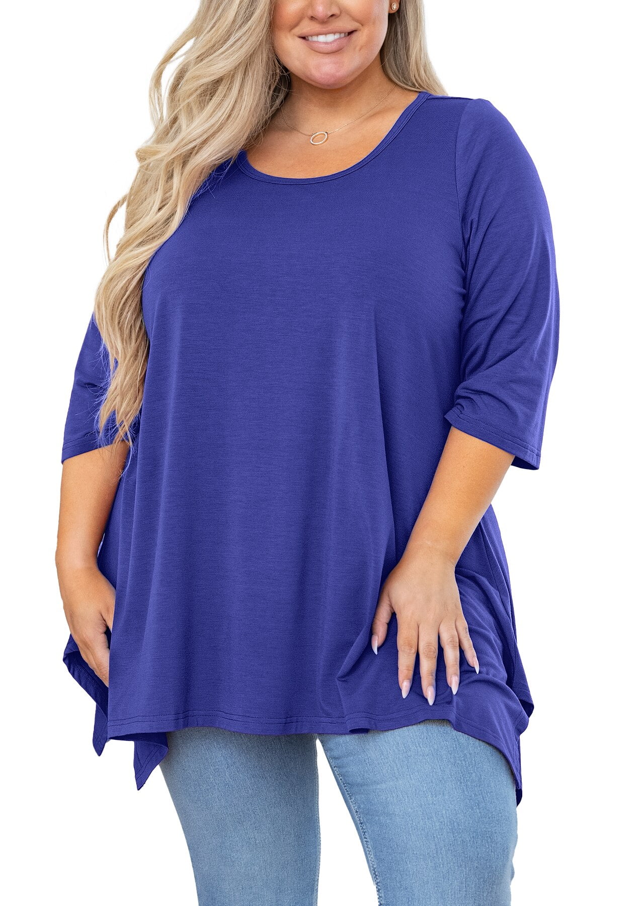 SHOWMALL Plus Size Women Top 3/4 Sleeve Clothes Royal Blue 3X Blouse ...