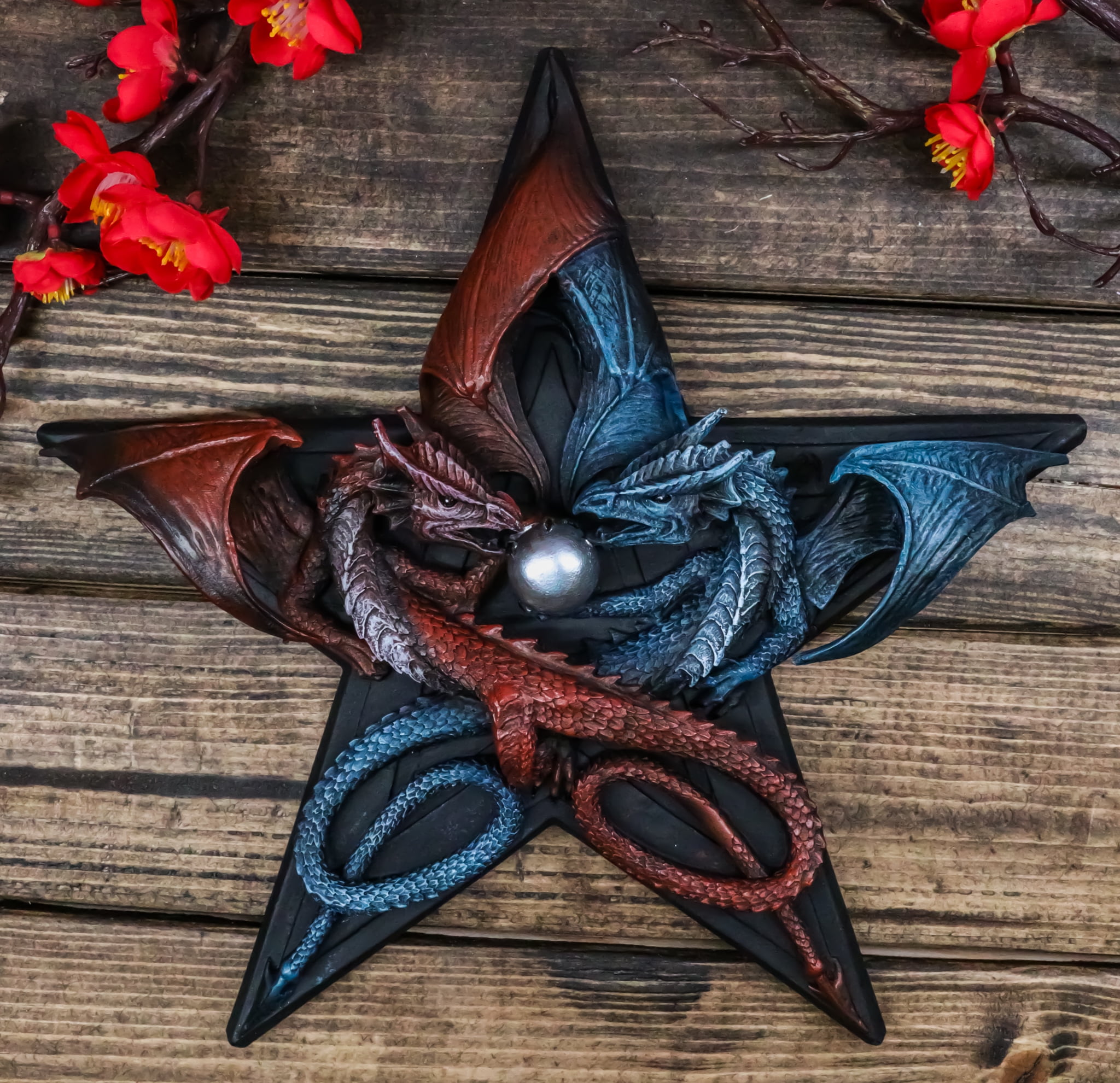 Medieval Pentagram Star Red Fire And Blue Water Elemental Dragons Wall ...