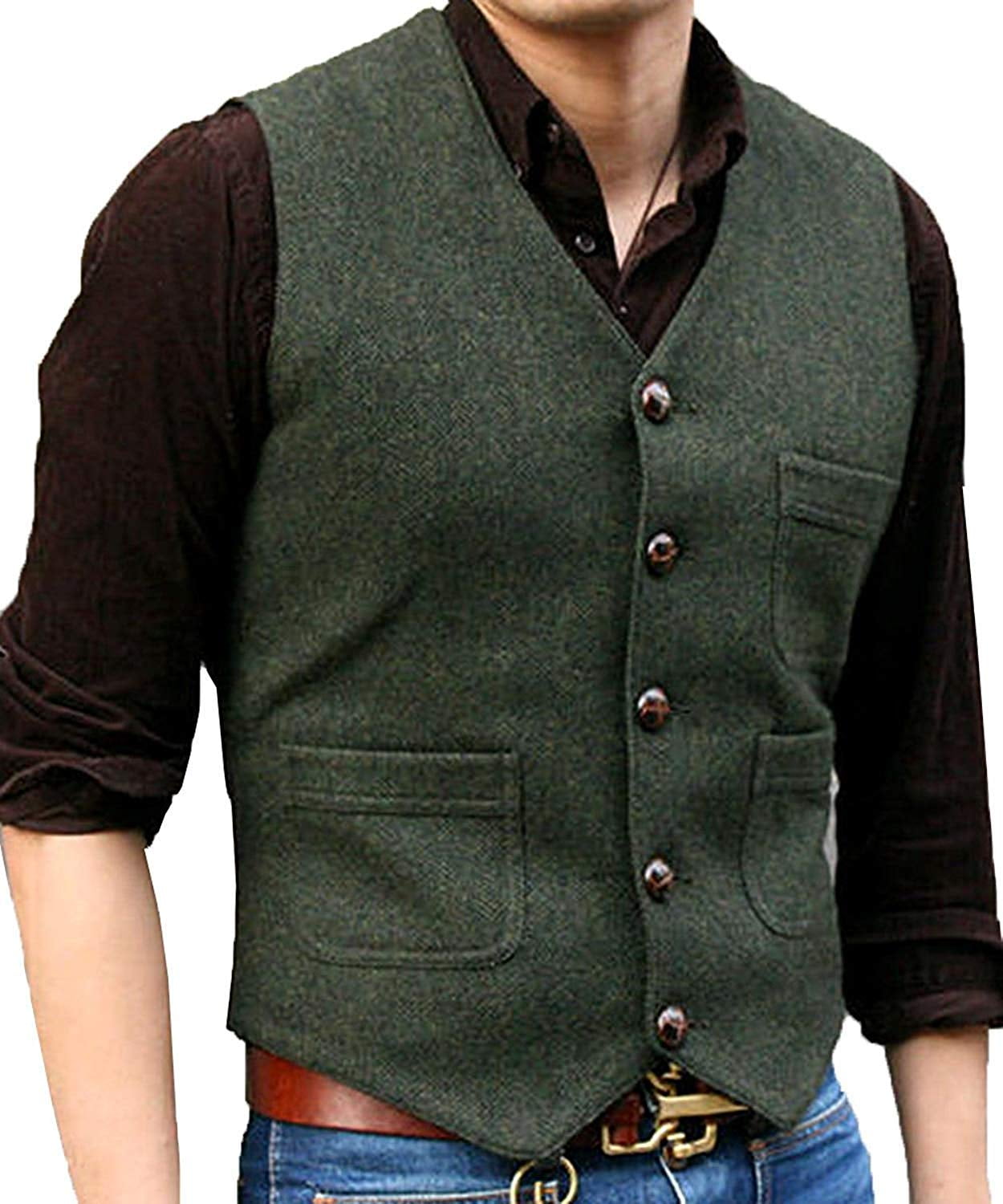 Solovedress Hunting Tweed Waistcoats Mens Herringbone Suits Vest Wedding Vintage Wool Retro