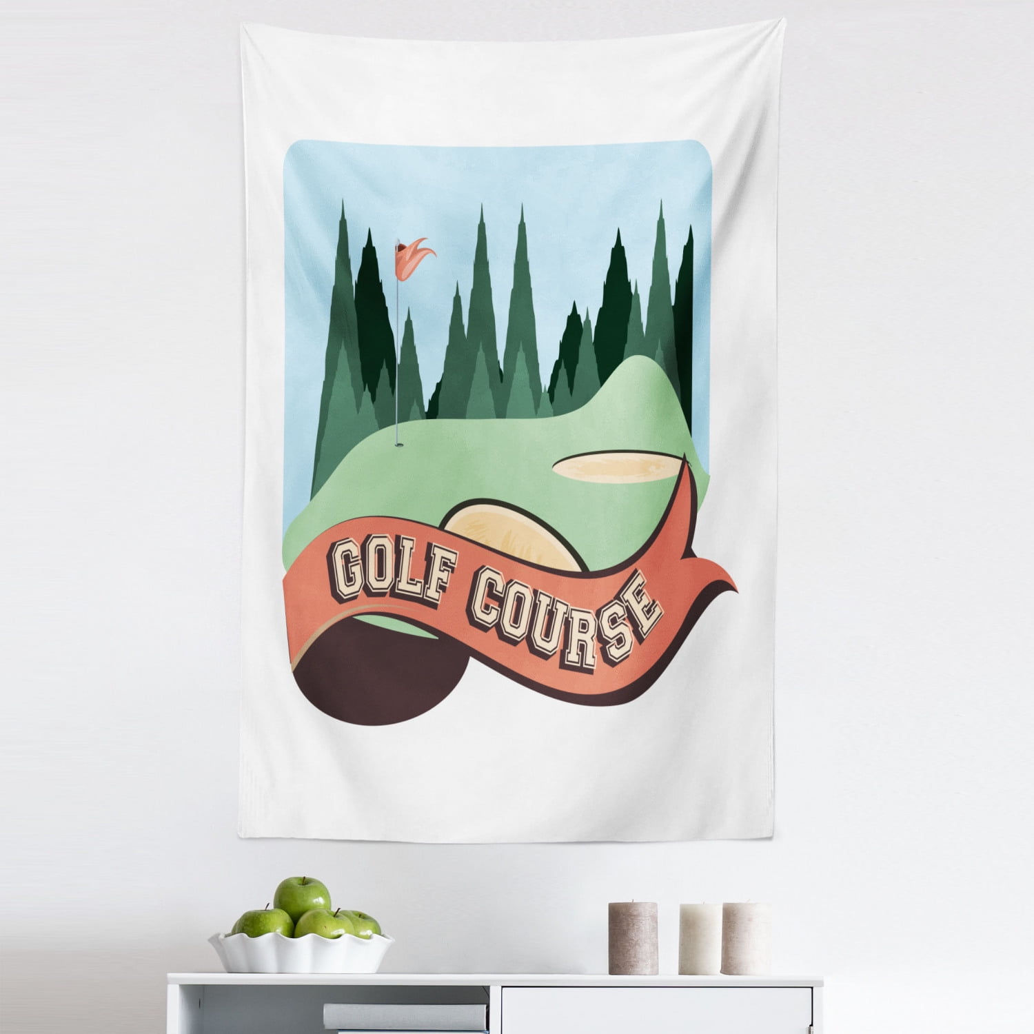 Golf Course Scene Tapestry, Cartoonish Graphic of Forest Hills and Flag ...