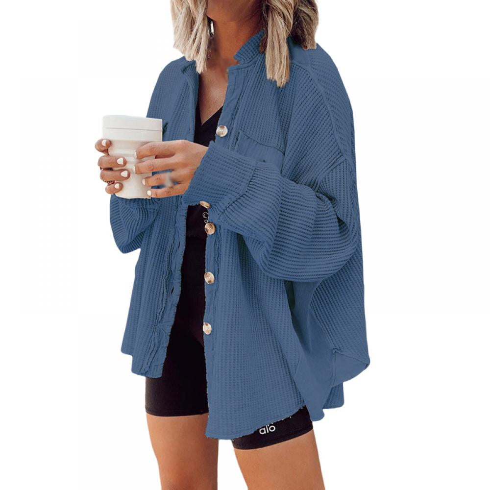 Womens Tops Autumn Solid Color Loose Fit Batwing Sleeve Waffle Knit