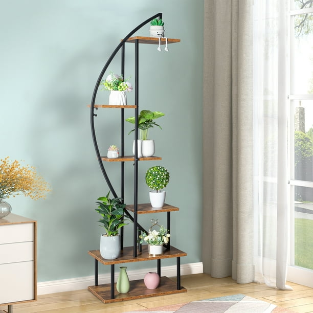 Ktaxon 6 Layer Half Moon Flower Stand, Metal with Wood Plant Shelf ...