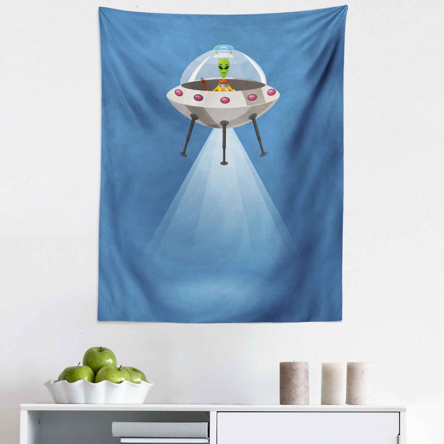 Alien Tapestry, Flying UFO with a Green Creature Waving ...