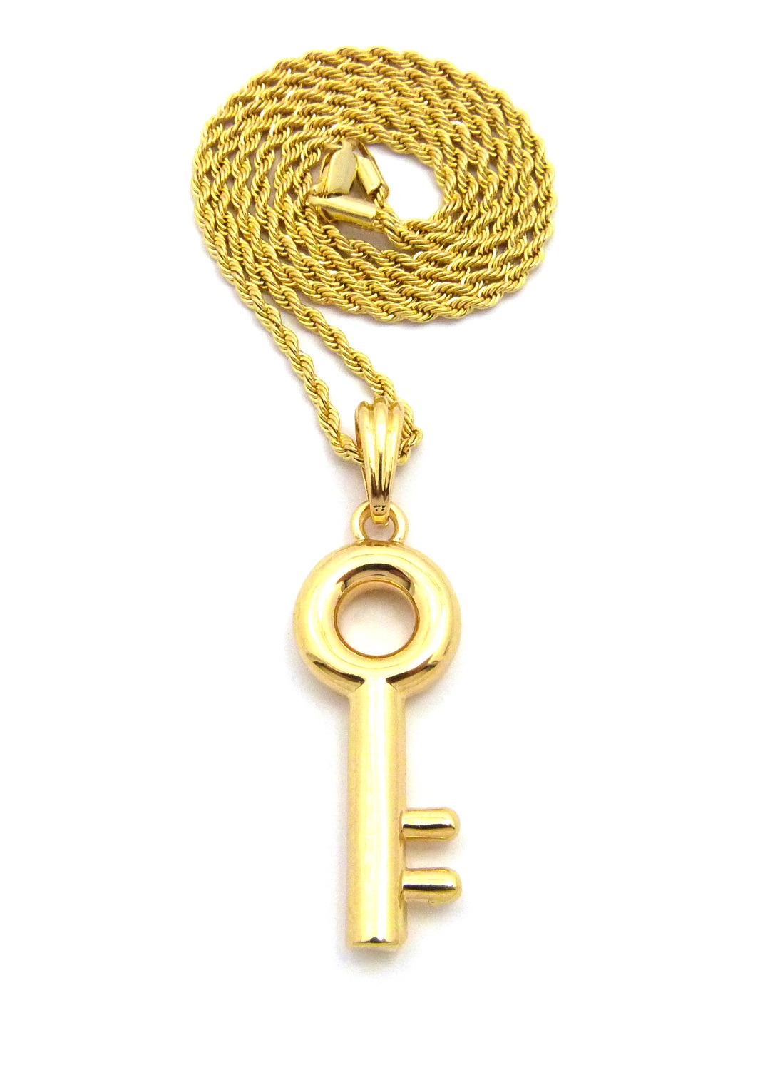 Polished Lever Lock Key Pendant w/2mm 24" Rope Chain Necklace, Gold ...
