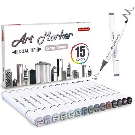 15 Colors Grey Tones Dual Tip Art Marker, Permanent Marker Pens Double ...