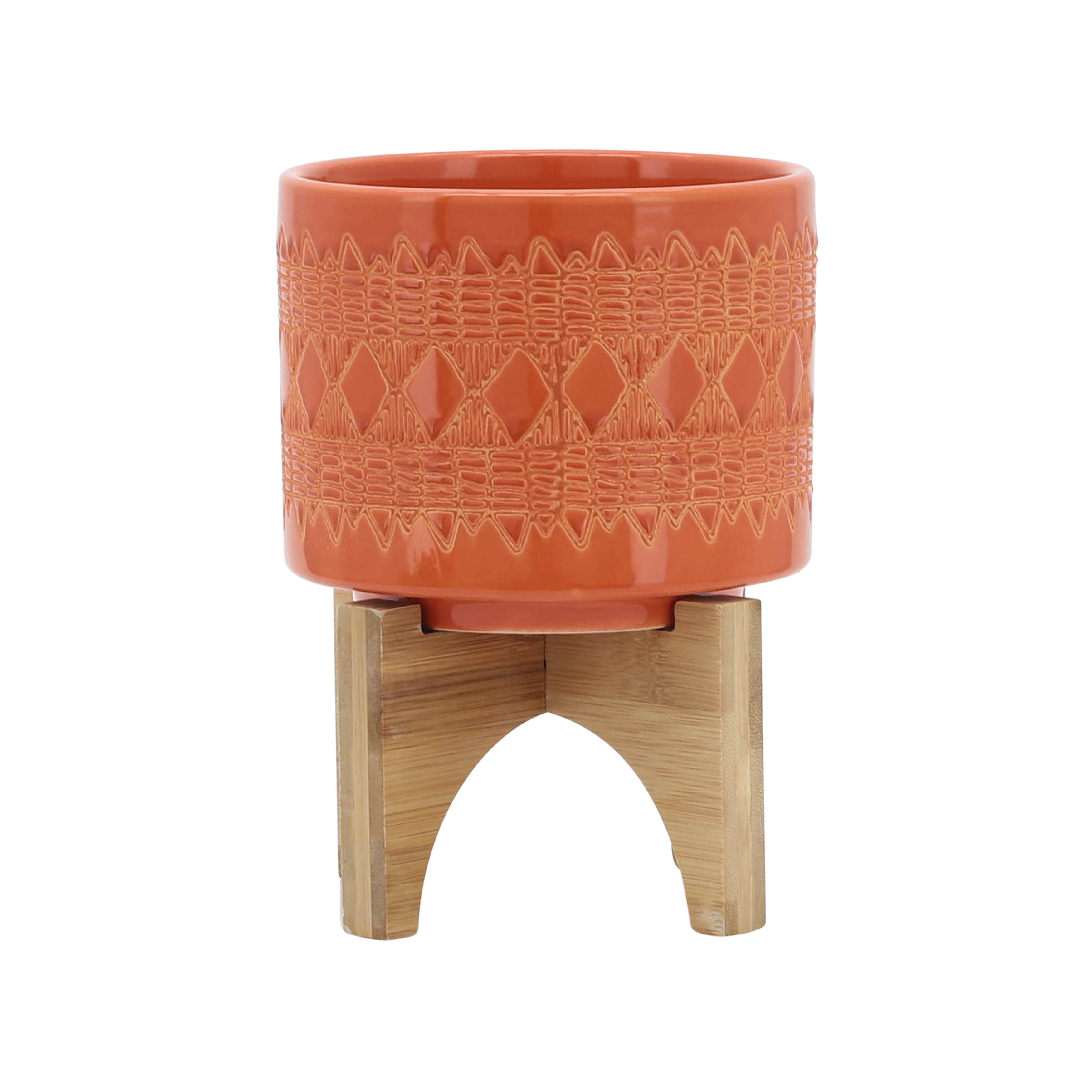 Sagebrook Home Ceramic 5" Aztec Planter On Wooden StandOrangeange ...