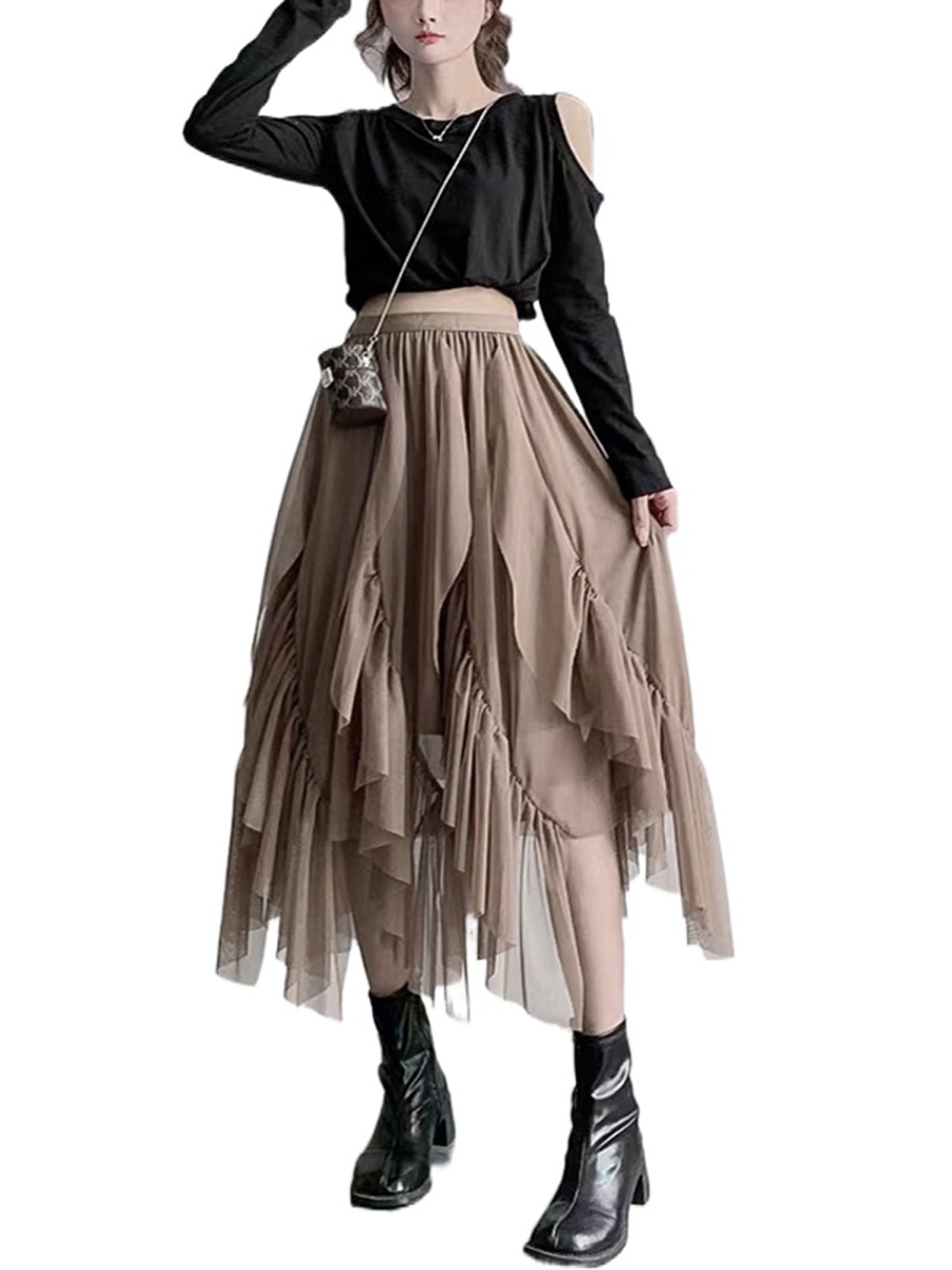 TRKIYQC Mujer Medio Vestido Plisado, Malla Larga Color Sólido Primavera ...