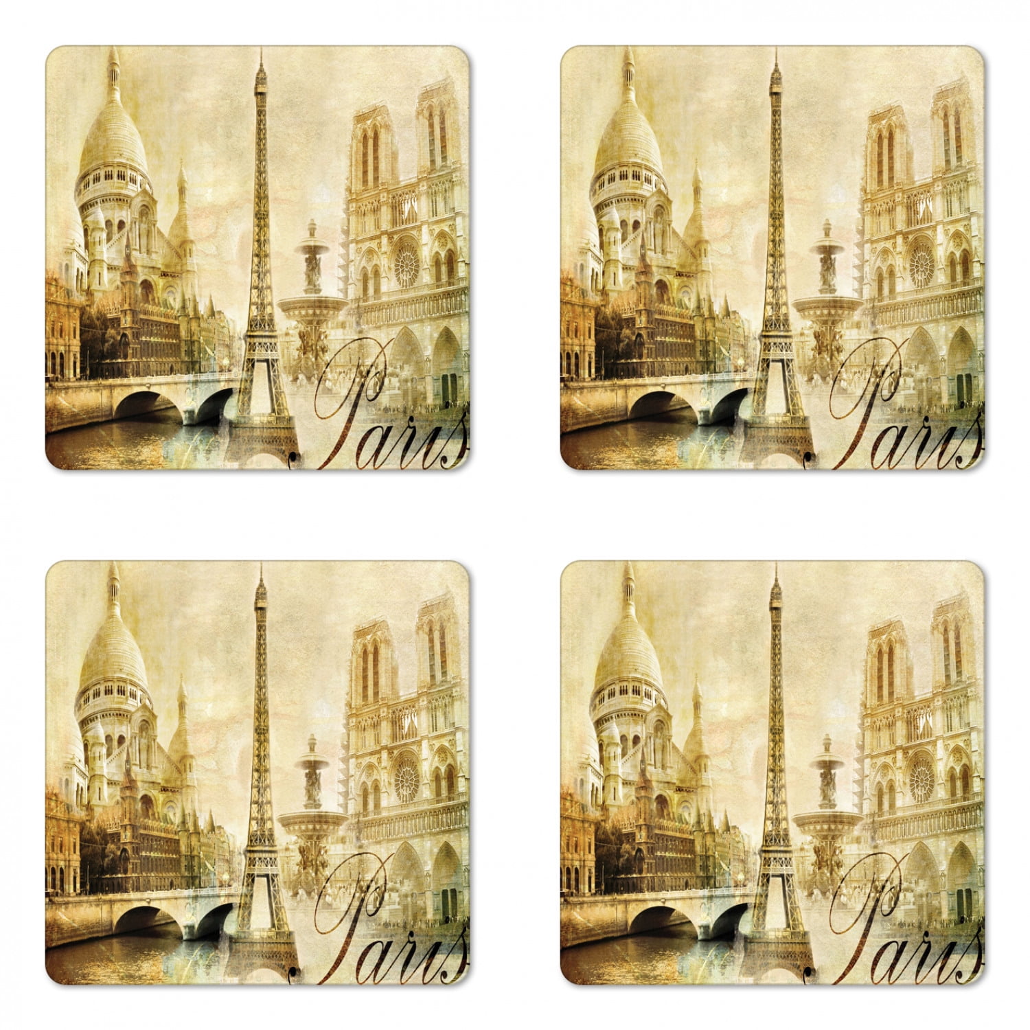 Paris Coaster Set of 4, Vintage Design Faded Style France Capital ...