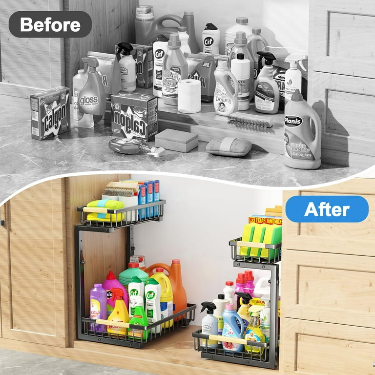 Godboat 2 Pack Under Sink Organizer and Storage 2 Tier Pull Out Cabinet Organizer Slide Out Sink Shelf Drawers Storage Shelves Multi Use Sink