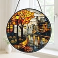 Autumn Street Stained Glass Suncatcher Window Hanging Decor, Round Fall ...