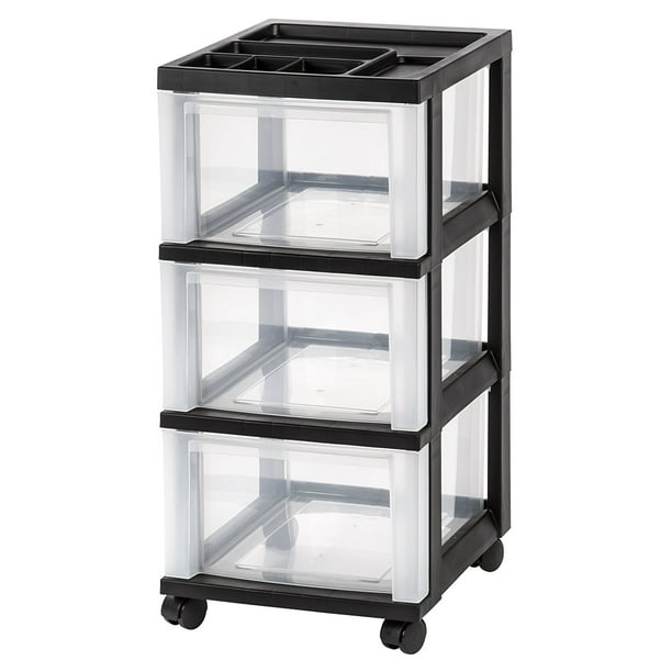 Iris 3 Drawer Storage Cart With Organizer Top Black 2 Pack
