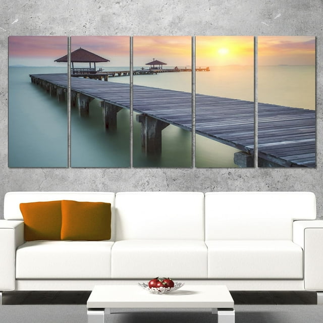 Design Art Wooden Sea Bridge And Sunset Seashore Photo Canvas Art Print ...