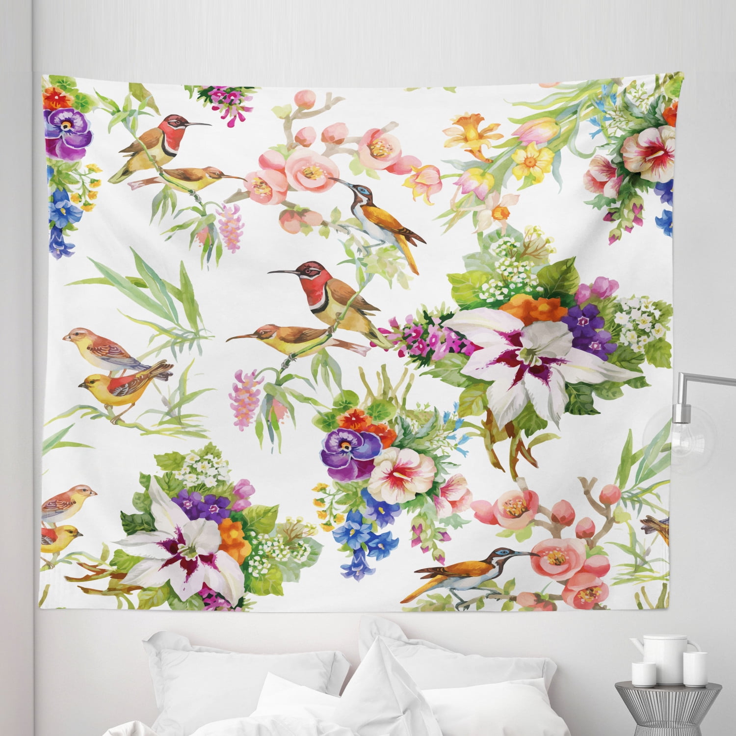Floral Tapestry, Watercolor Wild Exotic Mockingbirds and Spring Flowers ...