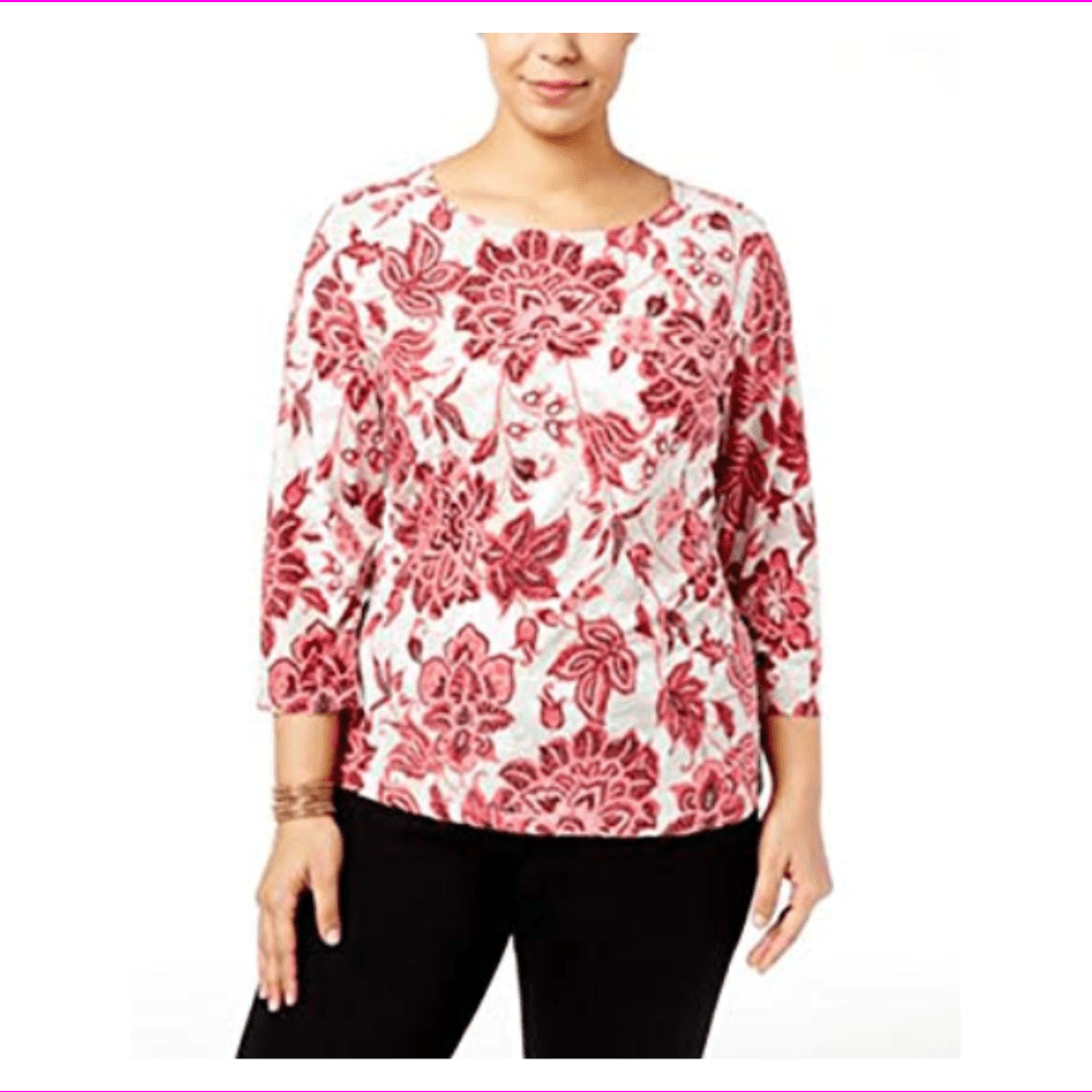 Jm Collection Plus Size Printed Jacquard Top in Prink Flower, 1X ...