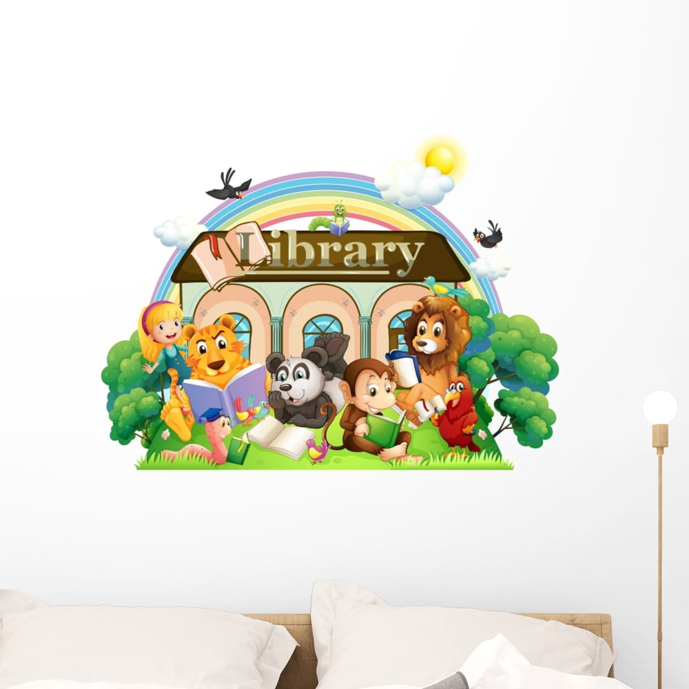 Animals Reading Front Library Wall Mural Decal by Wallmonkeys Vinyl ...