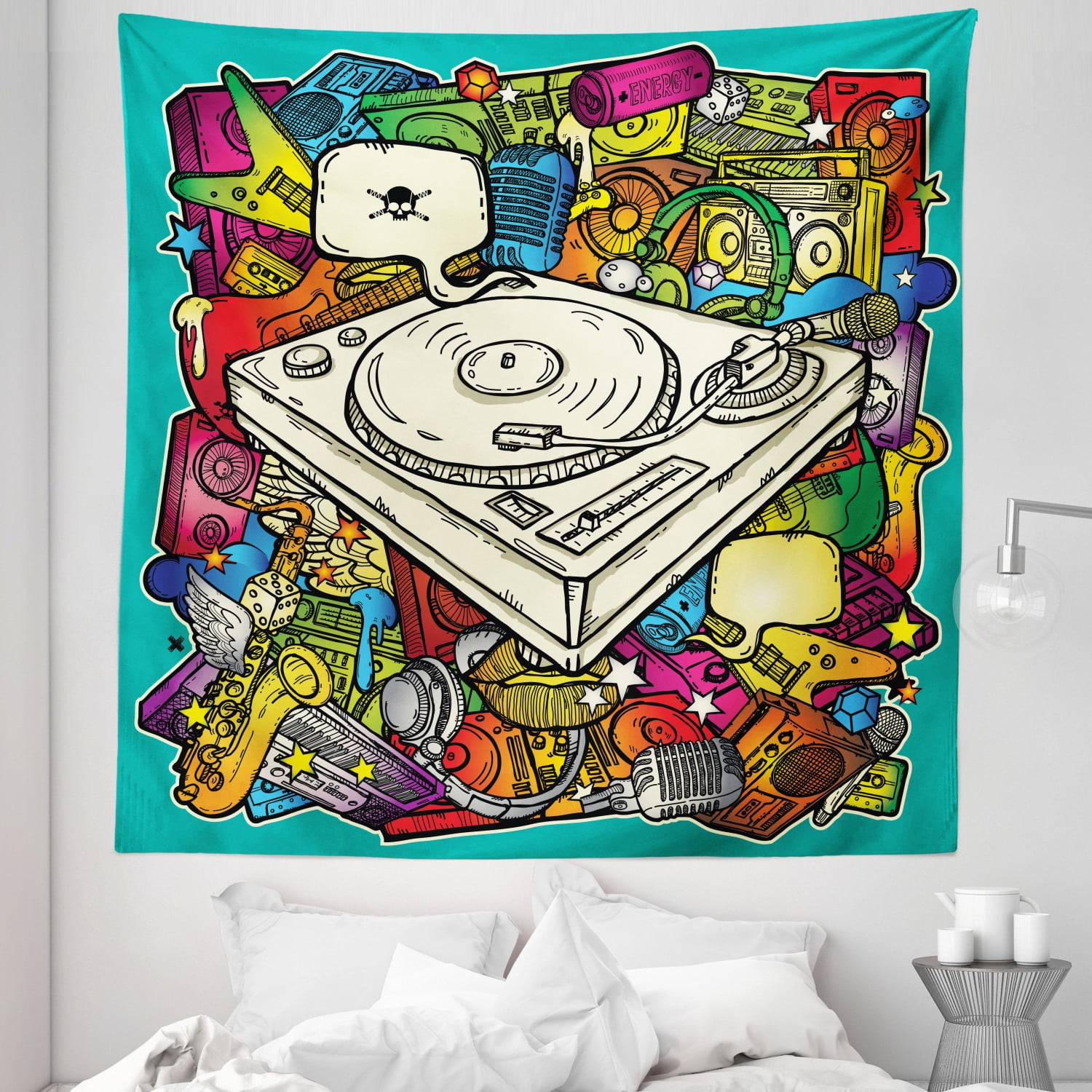 Urban Graffiti Tapestry, Hand Drawn Music Instruments Colorful ...