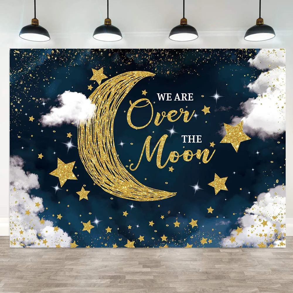 7×5ft We are Over The Moon Baby Shower Backdrop Moon and Stars Starry Night Celestial Background ...