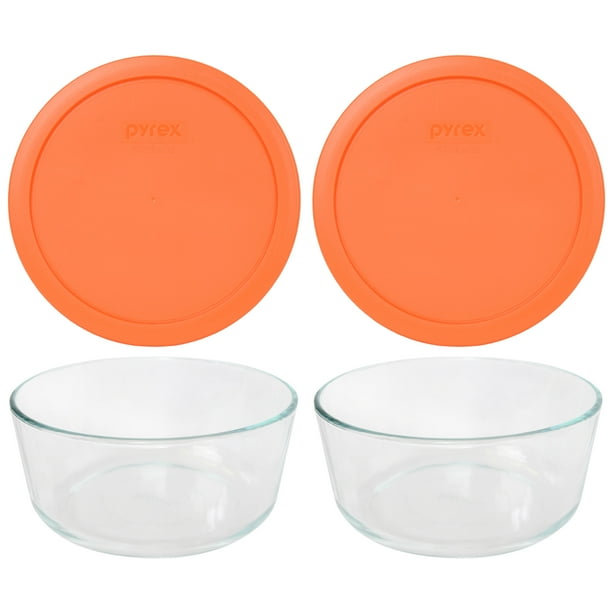 Pyrex (2) 7203 7 Cup Glass Food Storage Bowls and (2) 7402-PC Orange ...