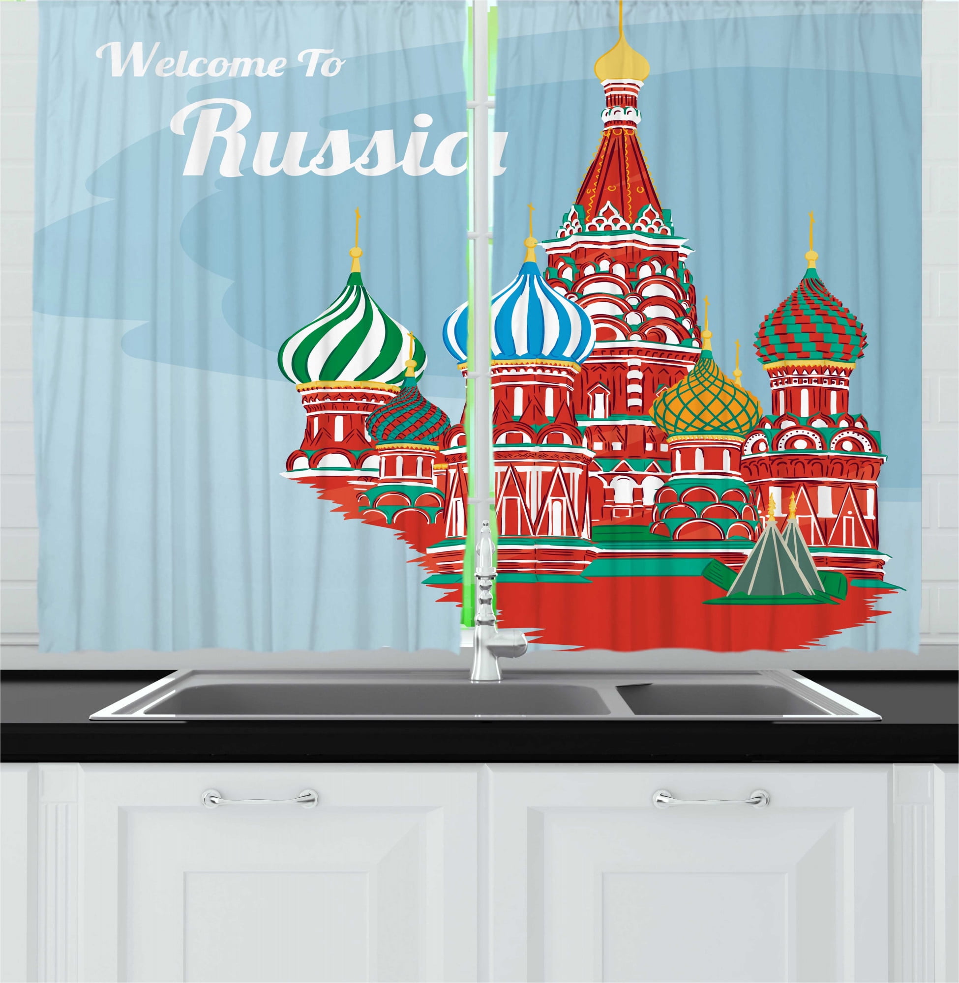 Russian Kitchen Curtains, Architecture Slavic Hallmarks Cartoon Style ...