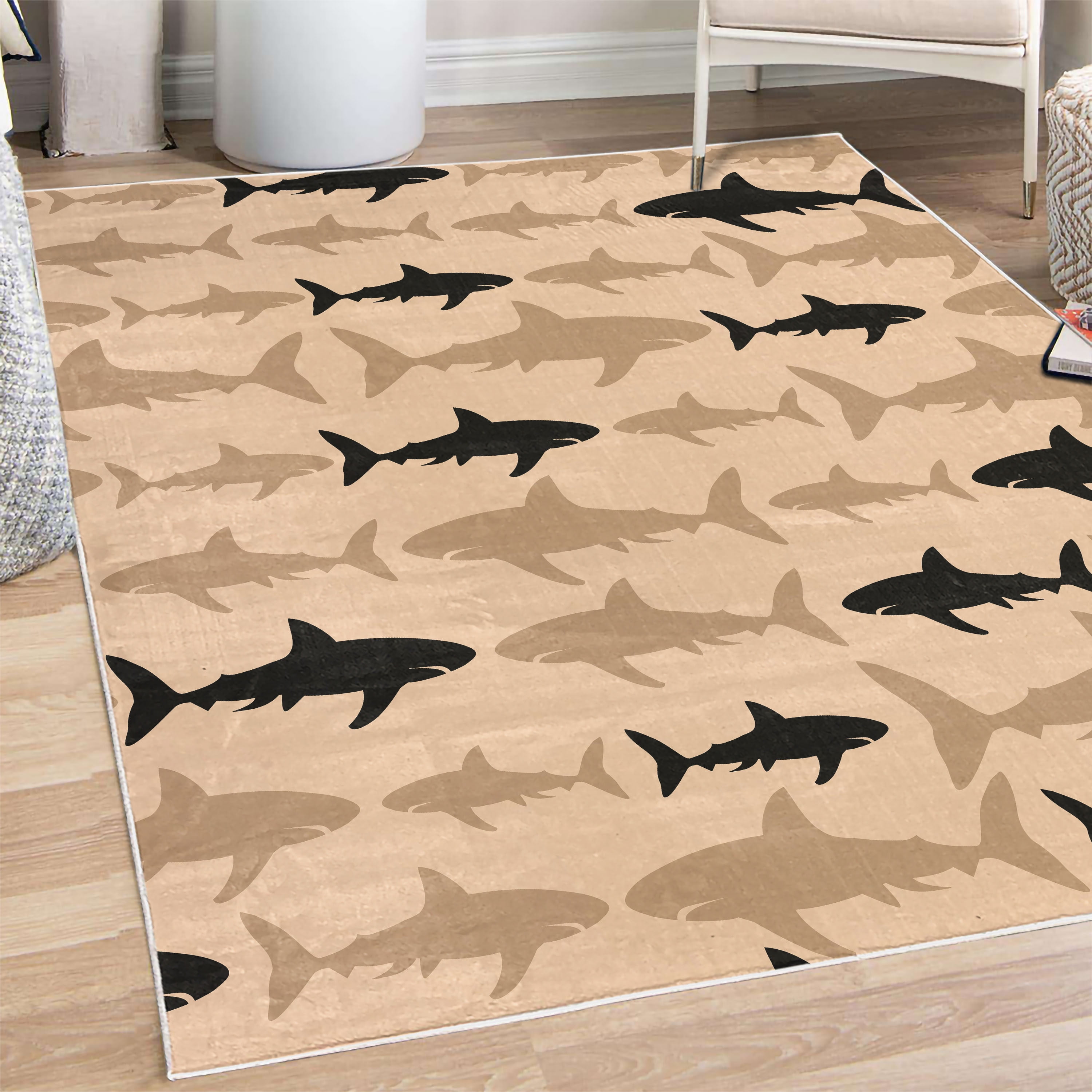 Sea Animals Decorative Rug, Monochrome Shark Illustration Fashion ...
