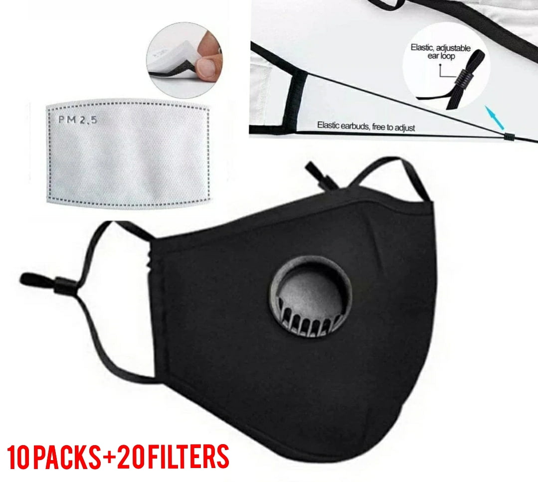 10-Pack Cotton Face Mask with 20 Filters, Exhaust Valve, Washable ...