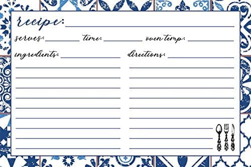 Recipe Cards Lined with Blue and White Design 4" X 6" Double-Sided ...