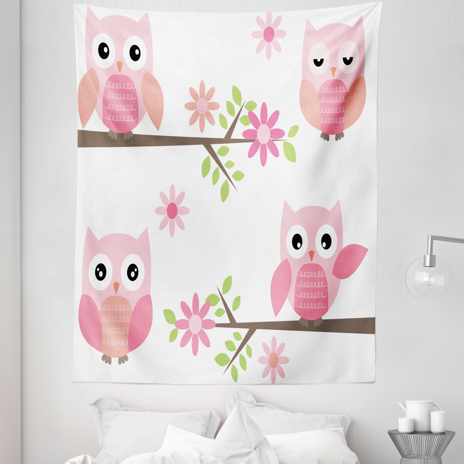 Owl Tapestry, Owls Waving in the Floral Tree Springtime Girly Design ...
