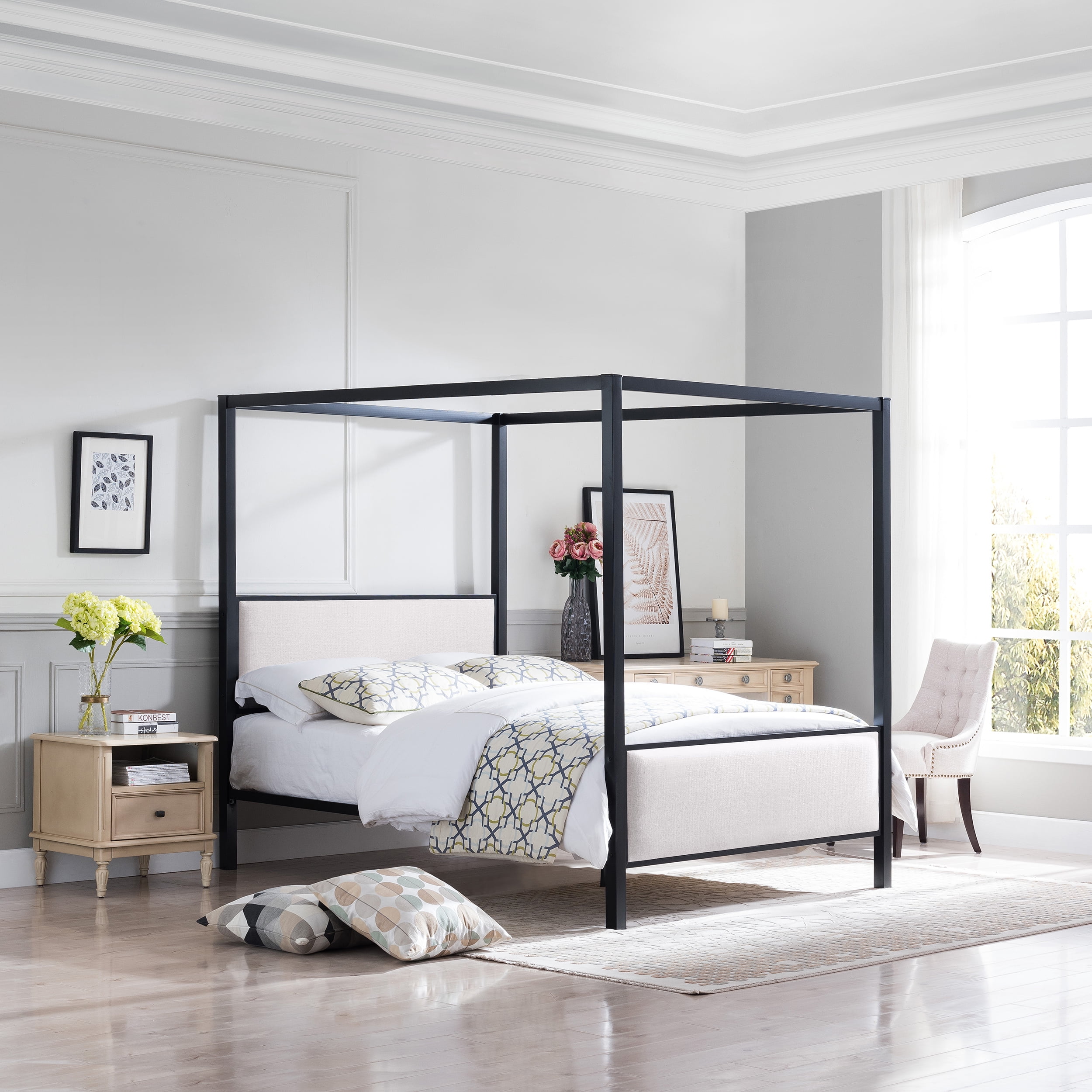 Noble House Draelyn Traditional Fabric Canopy Queen Bed with Iron Frame ...