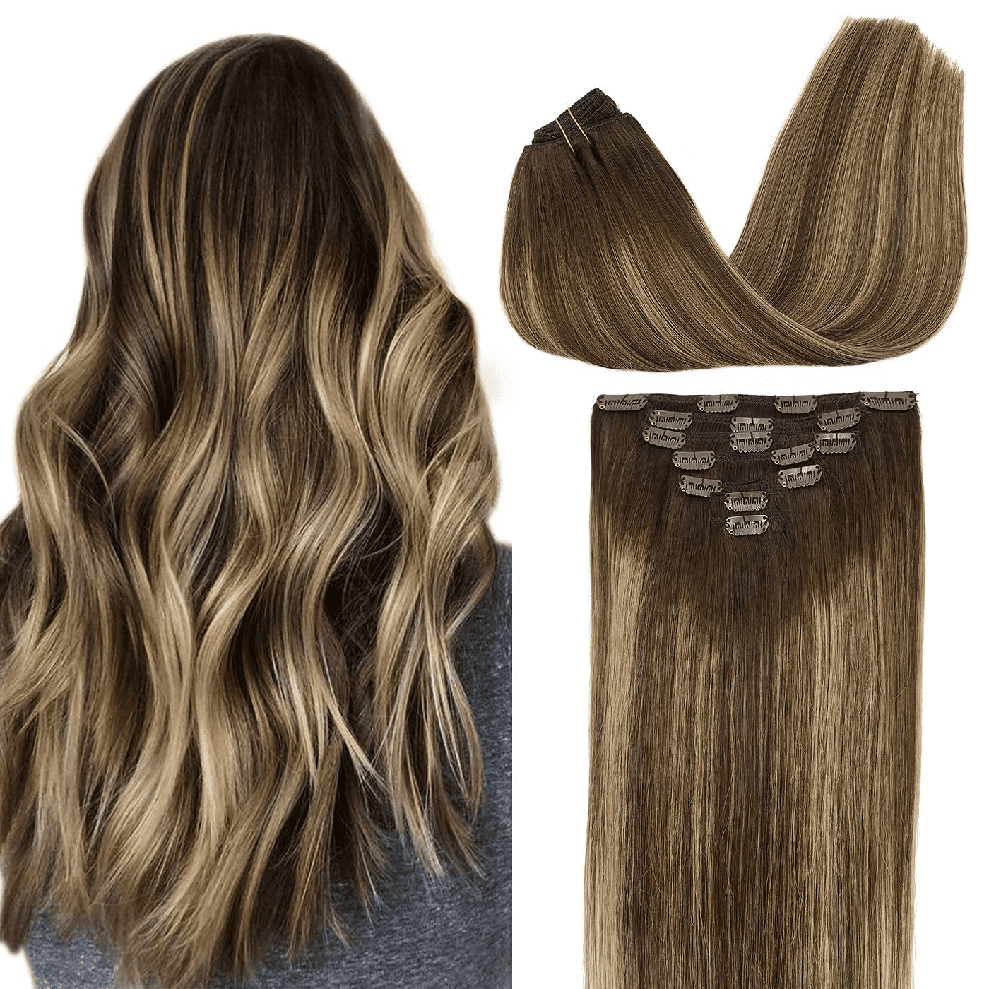Hotbanana Clip in Hair Extensions Chocolate Brown Mixed Blonde Real ...