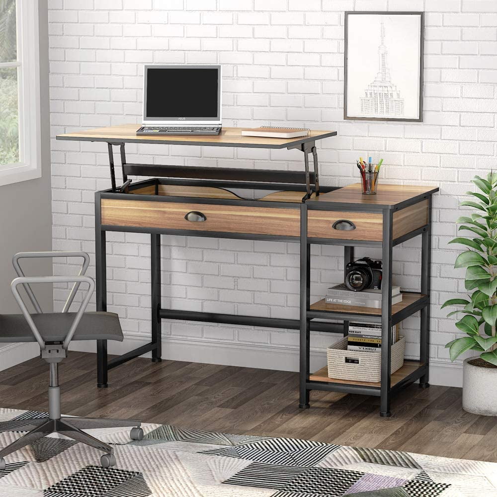 Lift Top Desk with Drawers, 47 inch Computer Desk with Shelves, Height ...