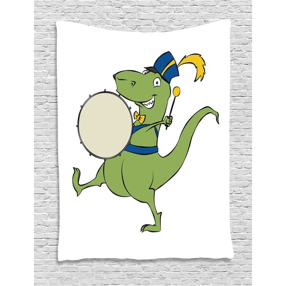Drums Tapestry, A Marching Green Dinosaur Smiling and Performing ...
