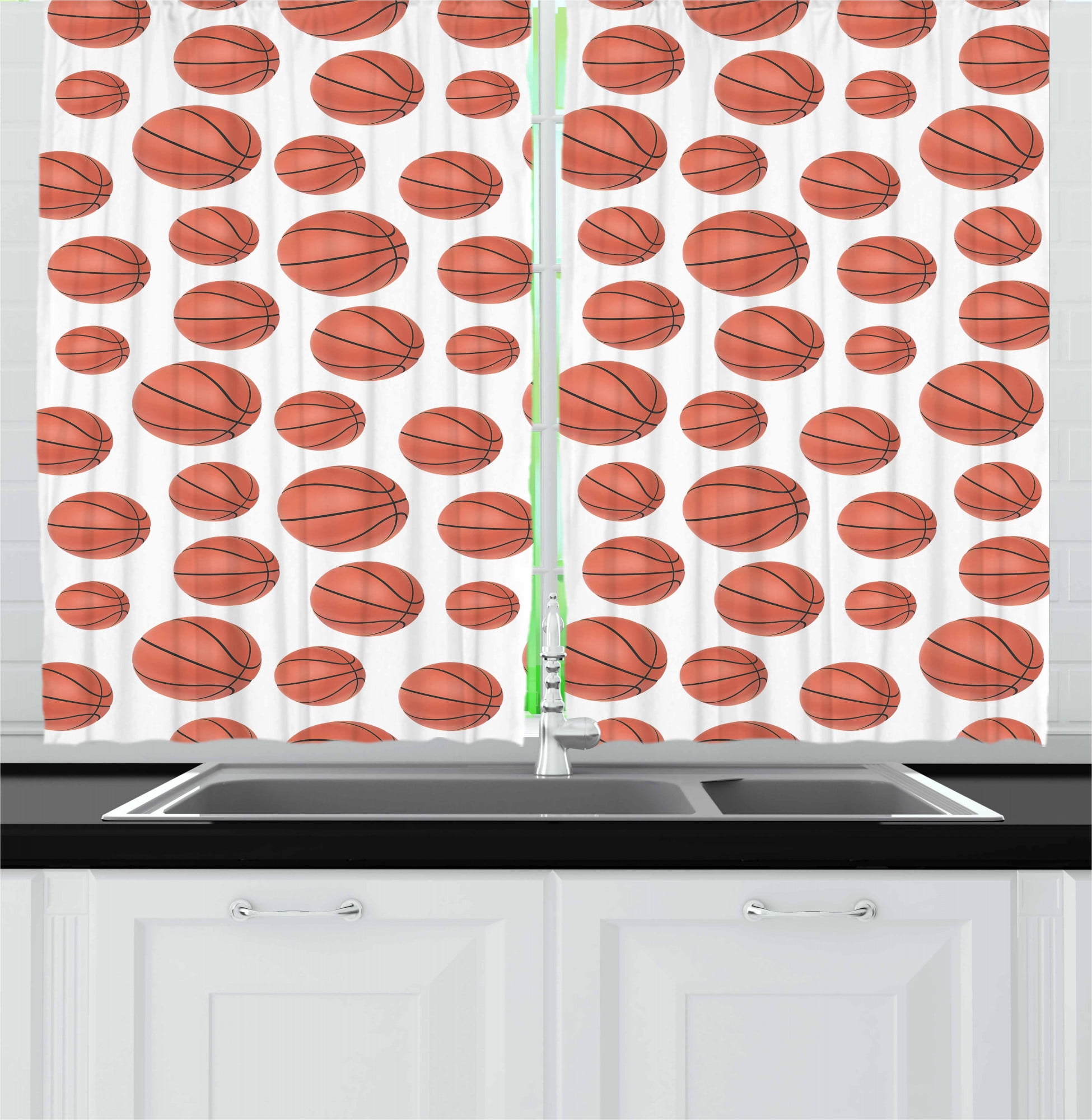Basketball Kitchen Curtains, Realistic Style Balls Pattern on White ...