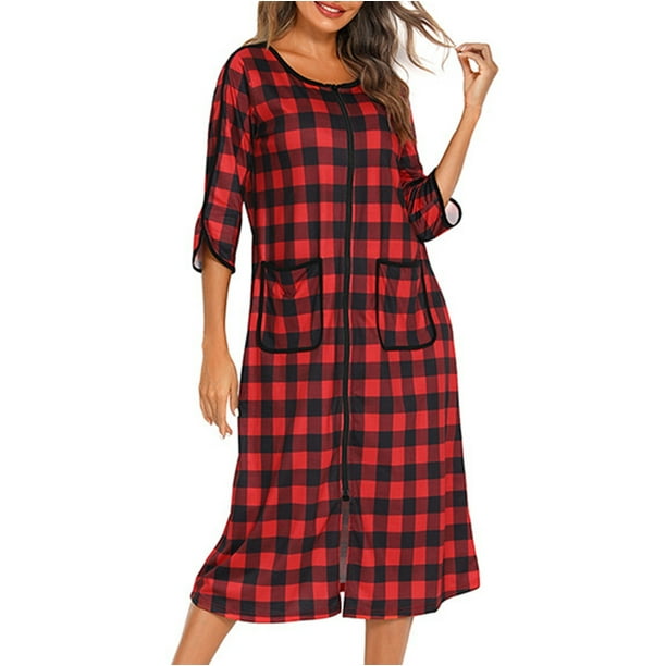 Xysaqa Zipper Front Robes for Women Plaid Printed House Coat Cotton ...