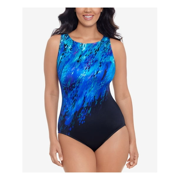Swim Solutions Womens Blue Printed Stretch Tummy Control Lined Bust
