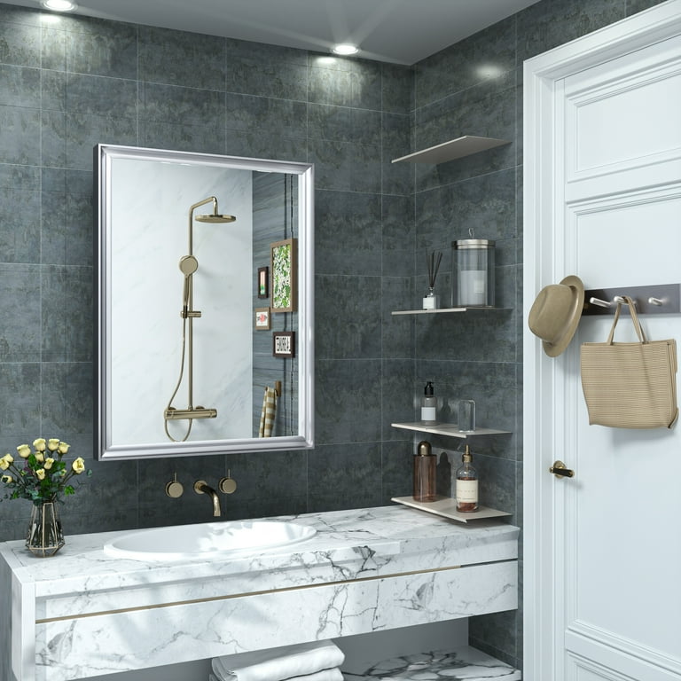 TokeShimi Bathroom Metal Framed Medicine Cabinets with Mirror 20 x 26 inch Brushed Silver Wall Cabinets Rectangle Recessed Wall Mounted Storage