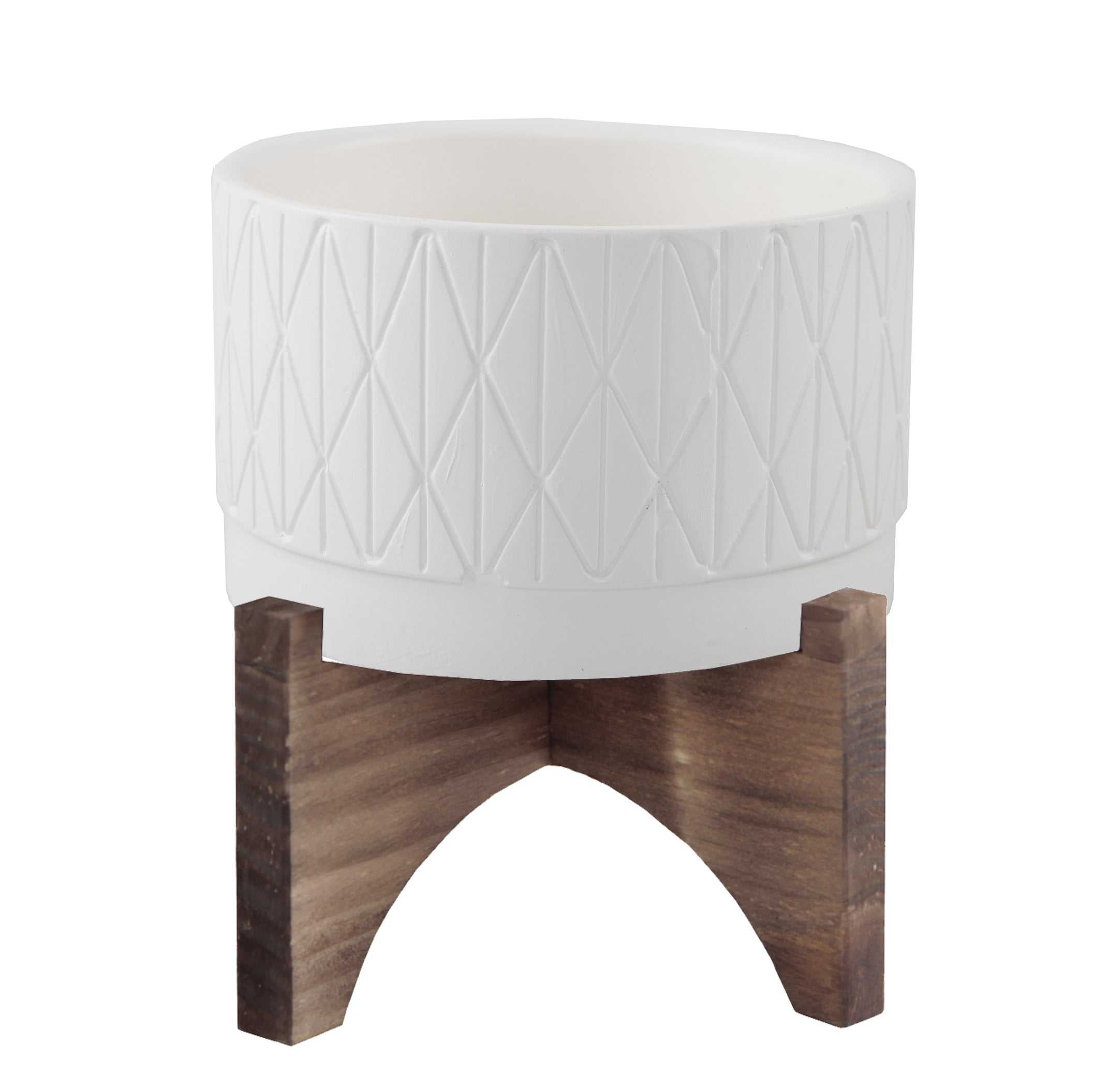 5" Diamond Ceramic POT W WOOD STAND,Matt White - Walmart.com