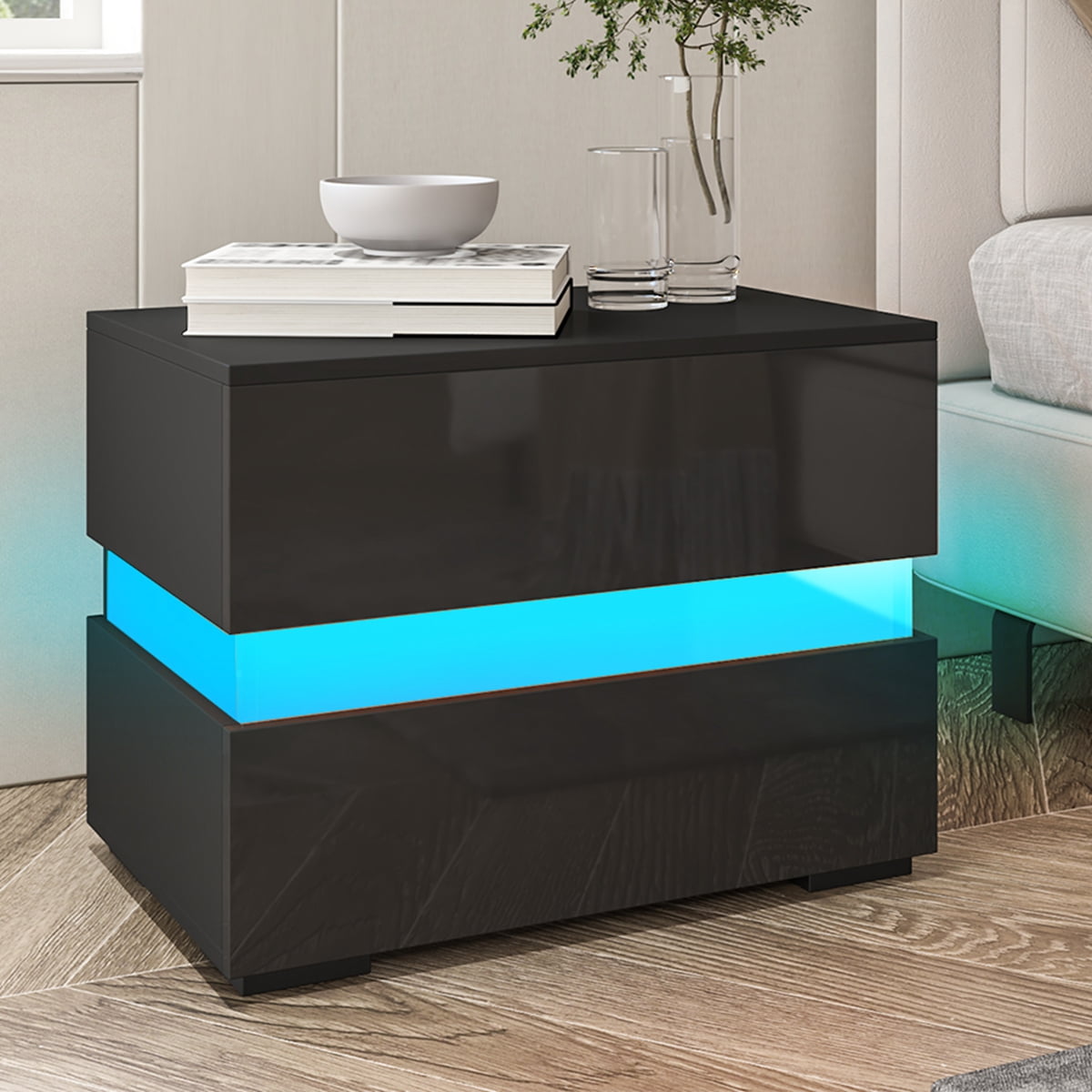 Hommpa Modern LED Nightstand 2 Drawers High Gloss Bedside Table with ...