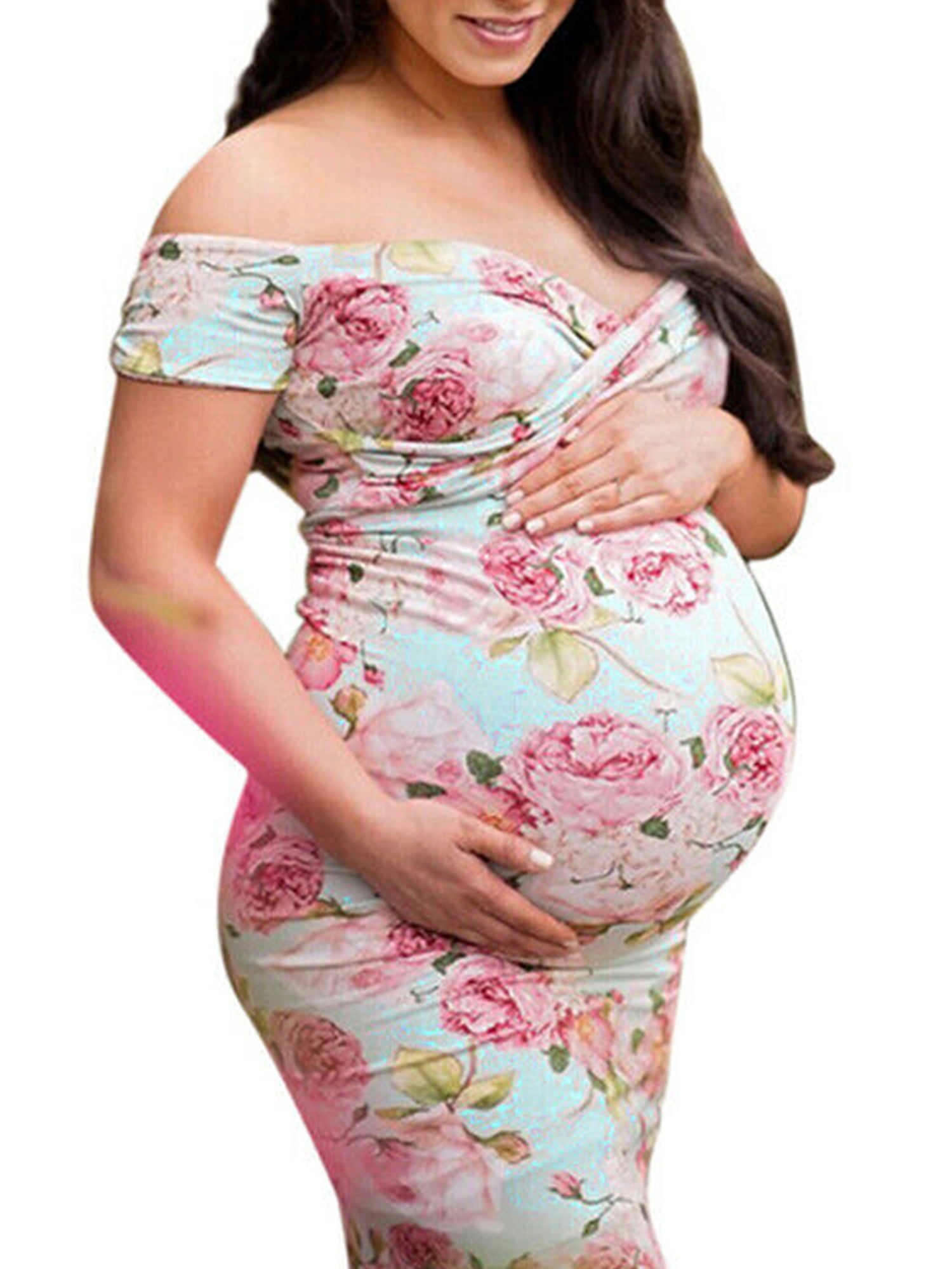 Women's Floral Pregnant Off Shoulder Maternity Ball Gown Maxi Dress ...