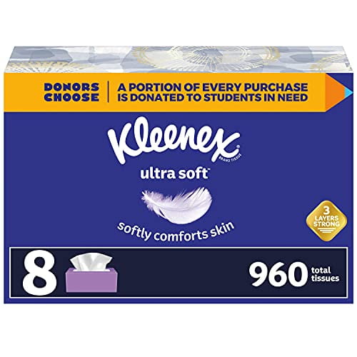Kleenex Ultra Soft Facial Tissues, 8 Flat Boxes, 120 Tissues per Box (960 Total Tissues ...