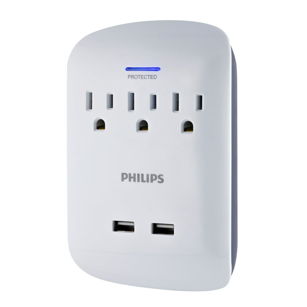 Philips 3-Outlet 2-Port USB Surge Protector Wall Adapter White ...