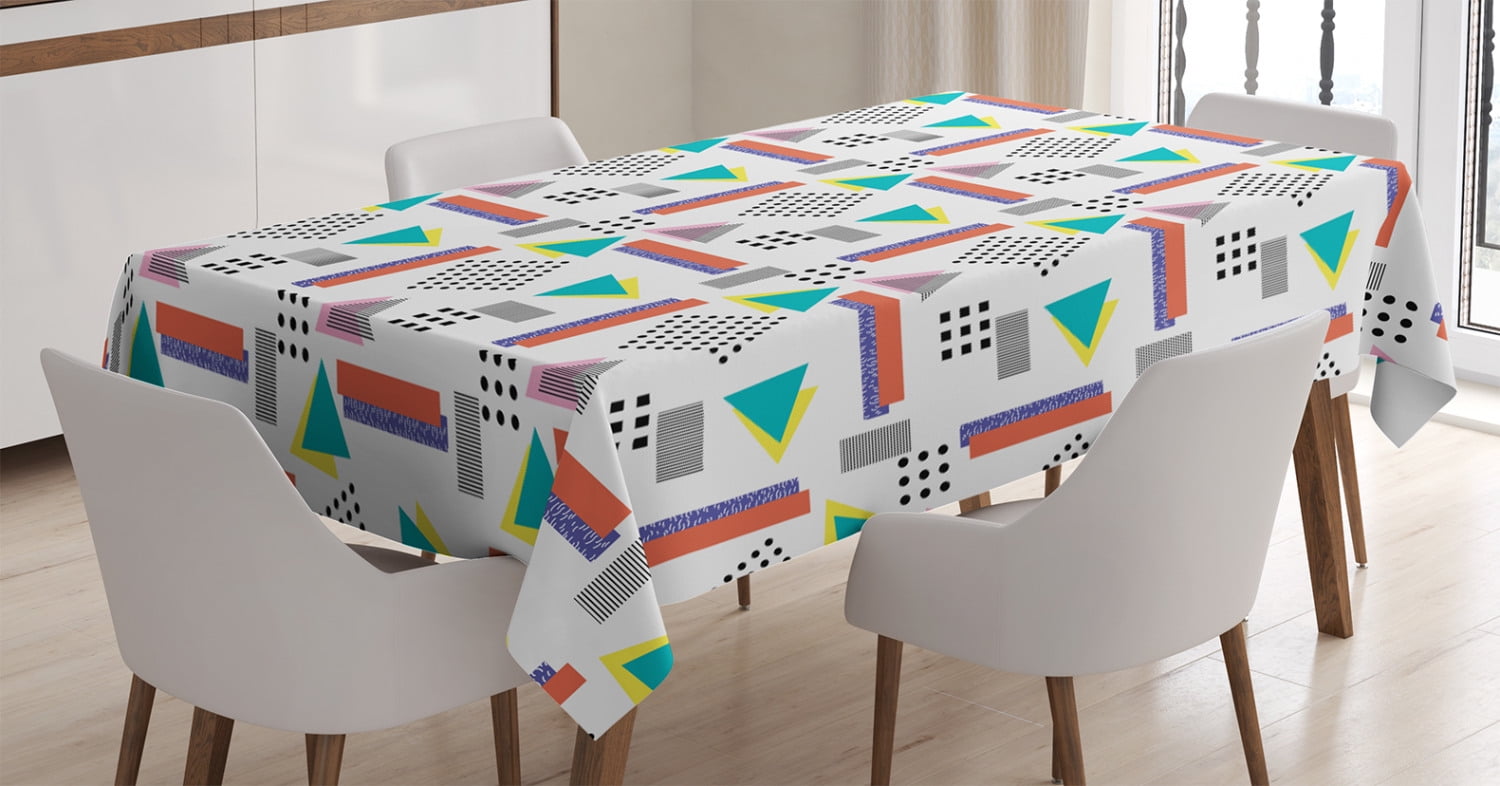 90s Decorations Tablecloth, Memphis Style Geometric with Dots Barcode ...