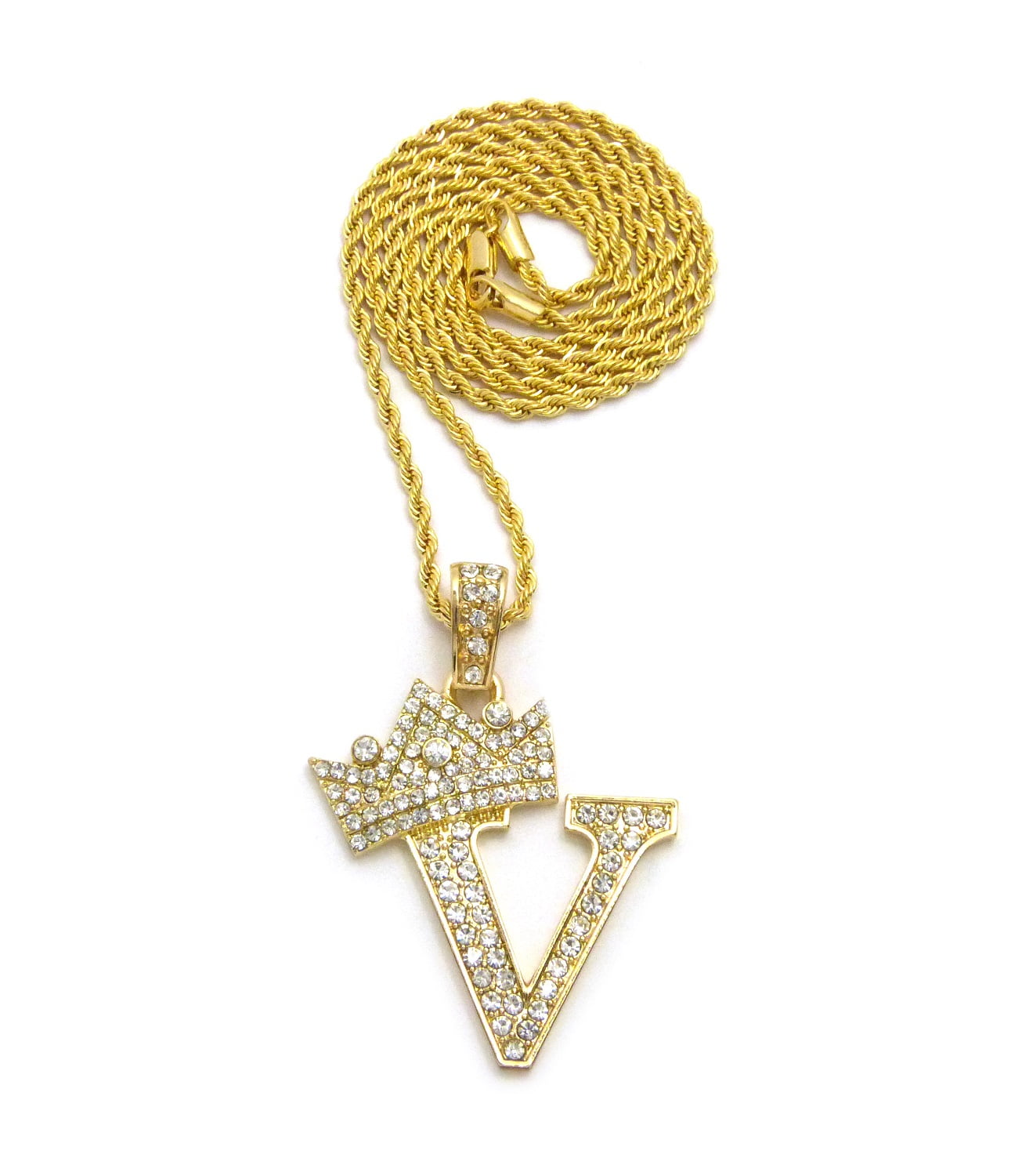 Stone Stud Allover Tilted Crown Initial V Pendant w/ 2mm 24" Rope Chain ...