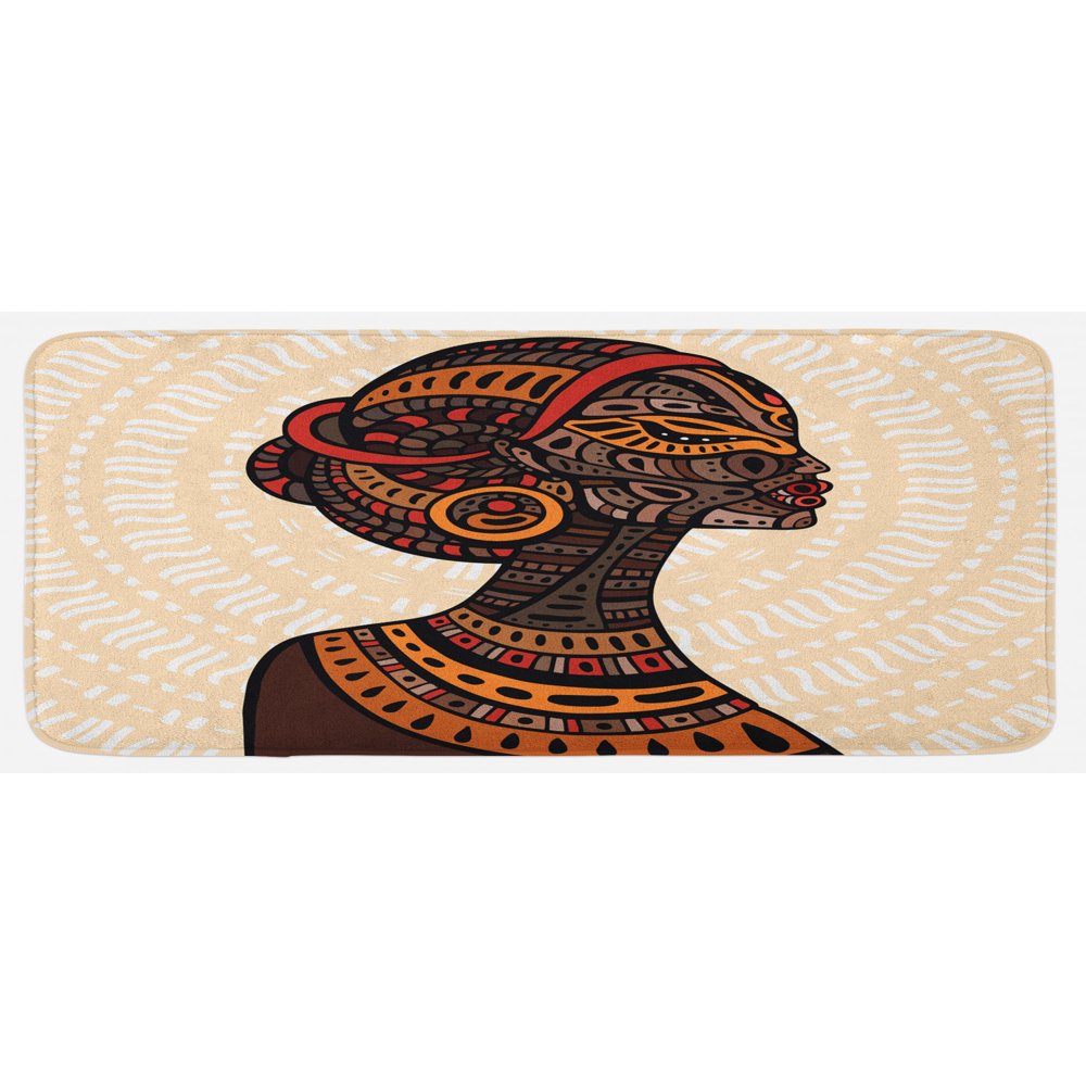 African Kitchen Mat, Hand Drawn Illustration Profile Portrait Ornaments ...