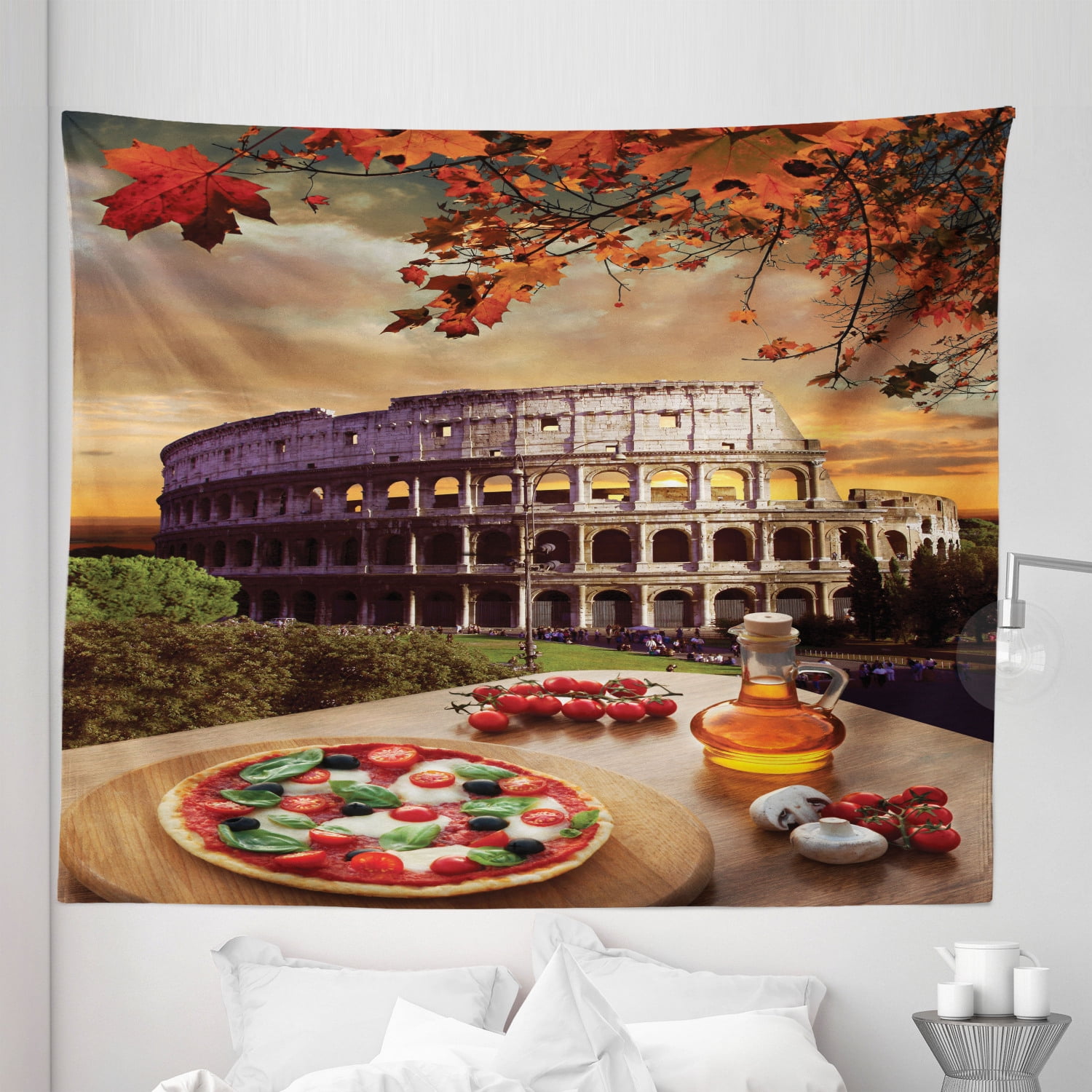 Rome Tapestry, Colosseum Italy Pizza Fall Leaves European Italian ...